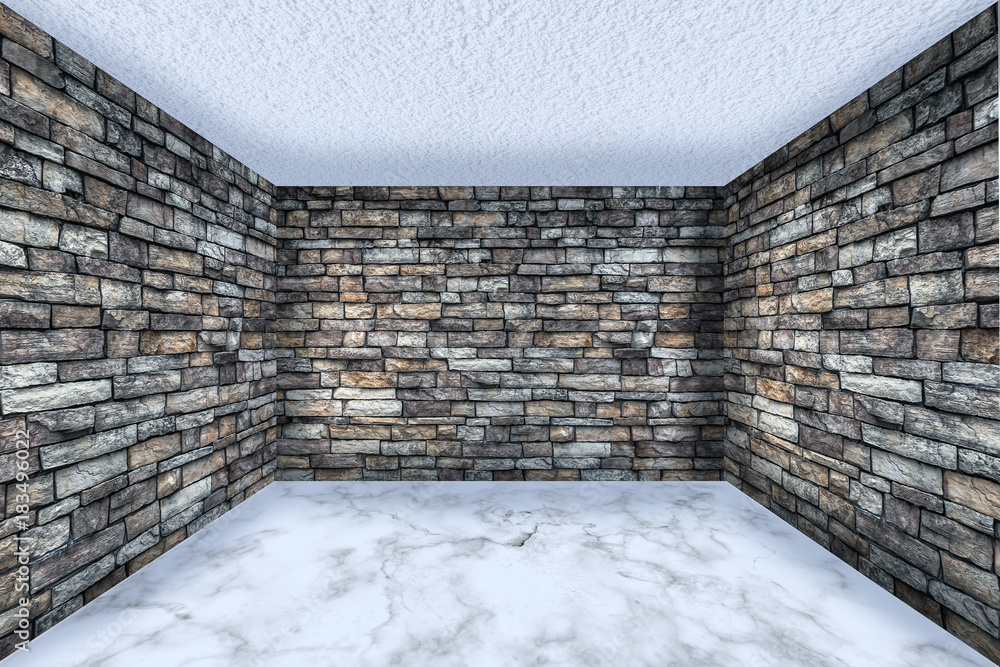Gray stone walls panels and marble floor empty spacious room interior ...