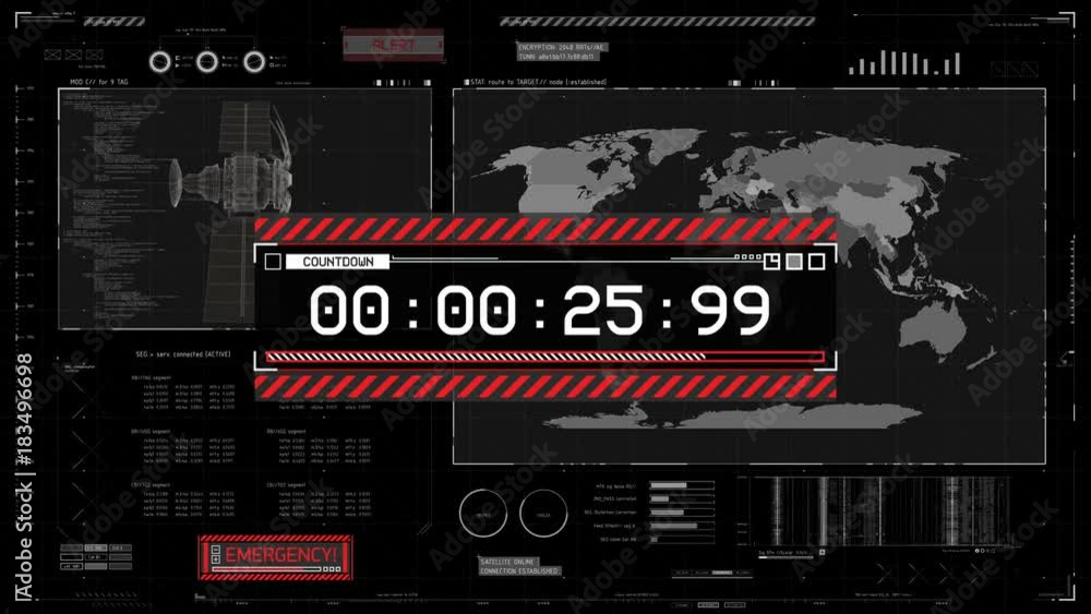 Countdown, red warning text on screen, missiles launch, satellite going ...