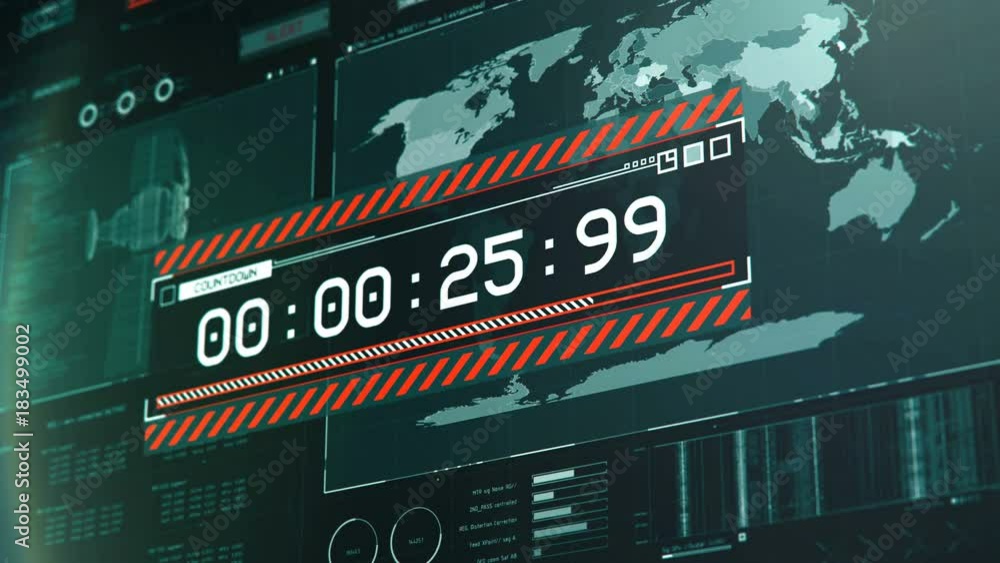 Countdown message on screen, satellite missile launch control ...