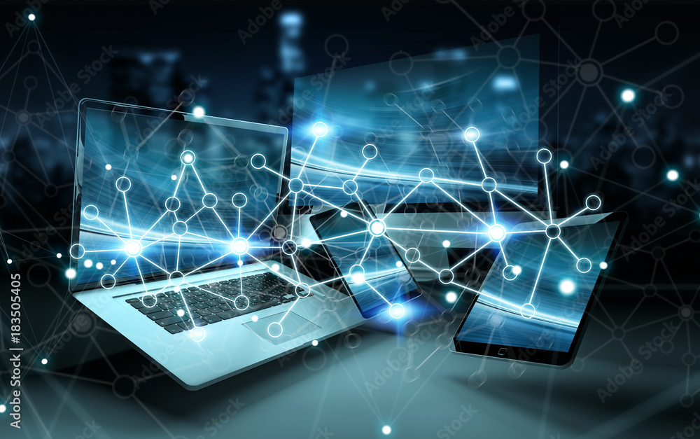 Modern digital tech device connected to each other 3D rendering Stock ...