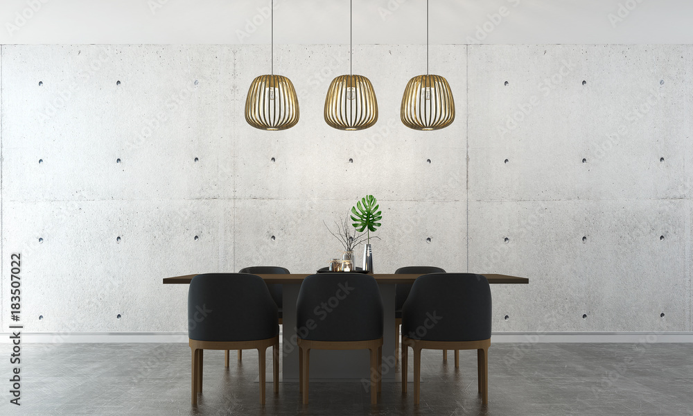 The modrn dining room interior design and concrete wall background ...