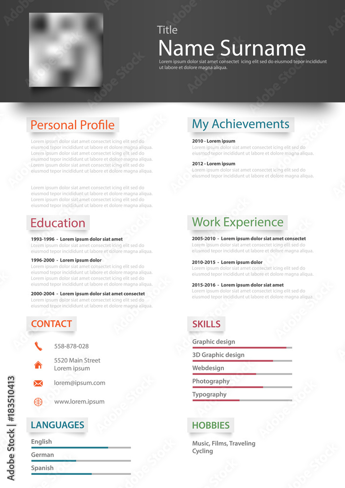 Professional personal resume cv with design stickers template Stock ...
