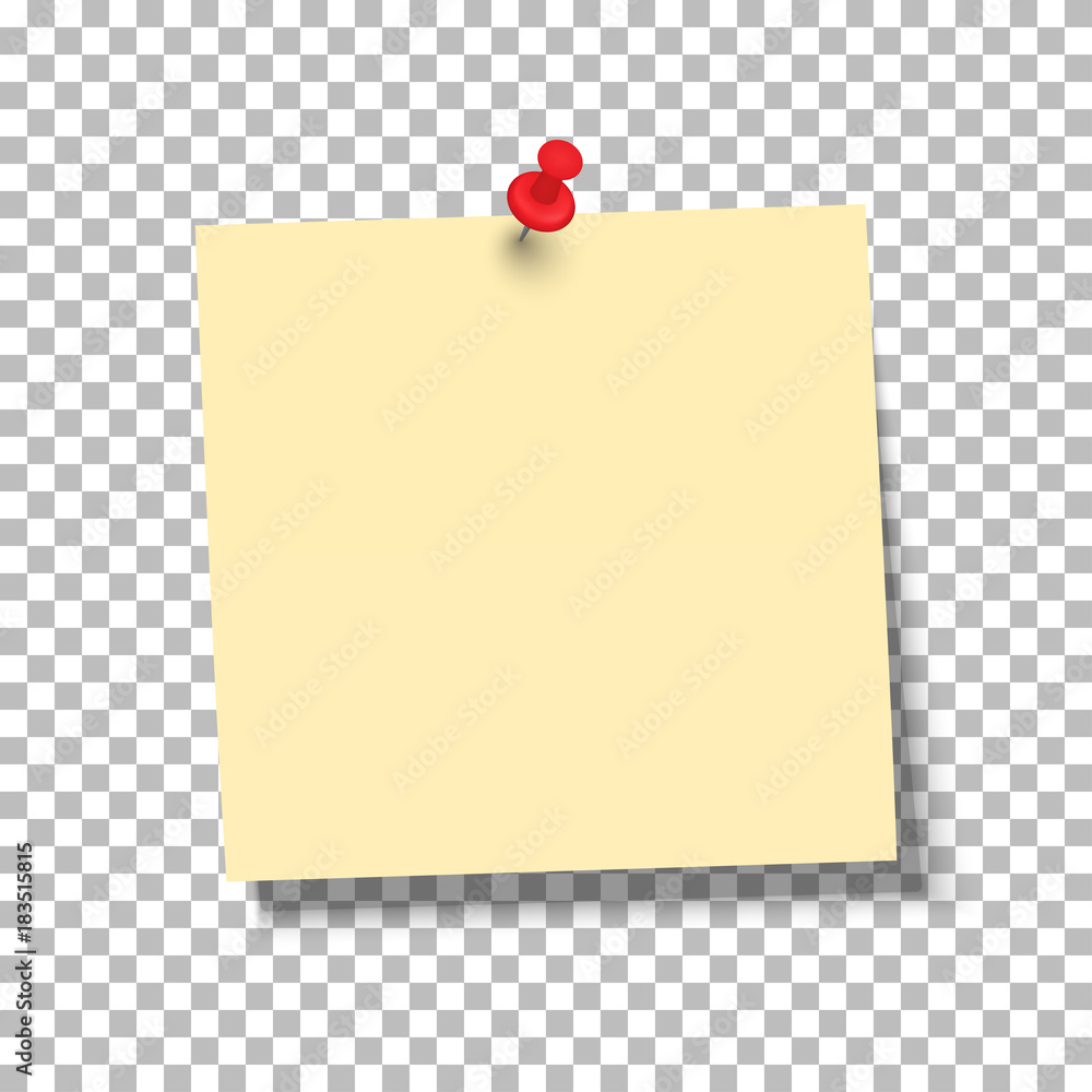 Yellow sheet of note paper with push pin on a transparent background ...