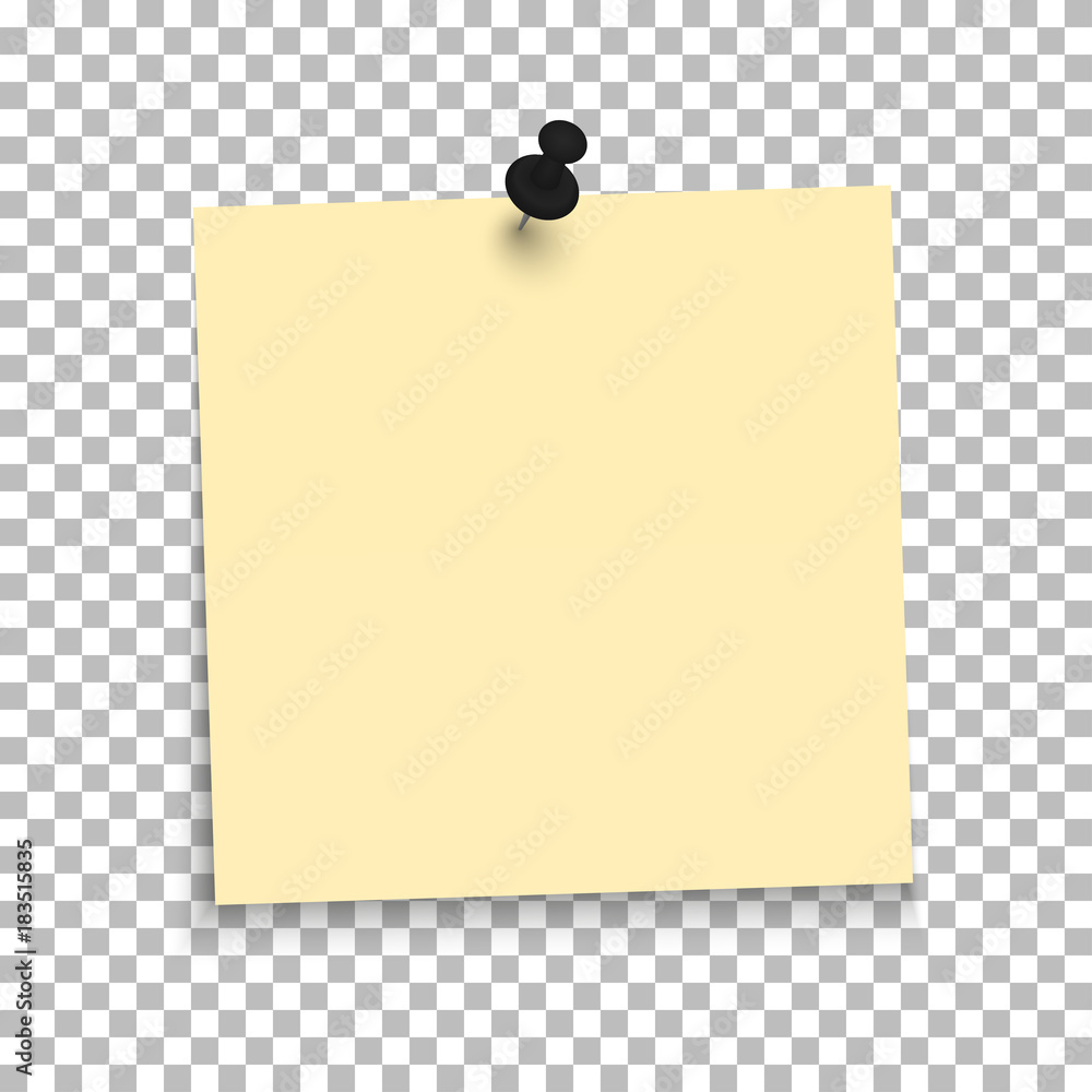 Yellow sheet of note paper with push pin on a transparent background ...