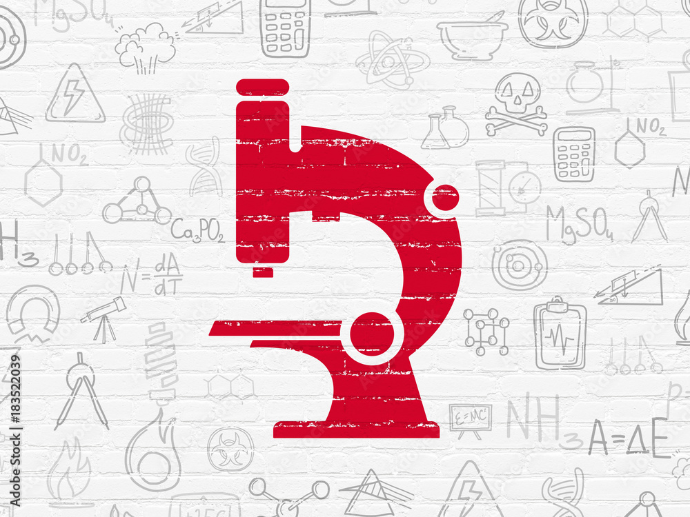 Science concept: Painted red Microscope icon on White Brick wall ...