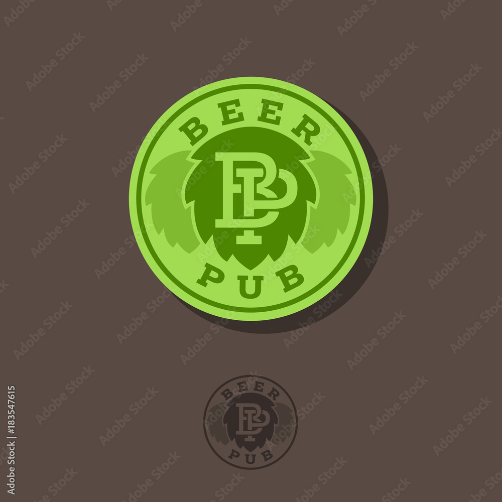 Pub logo. Beer pub emblem. Hops and letters in a green circle. P and B ...