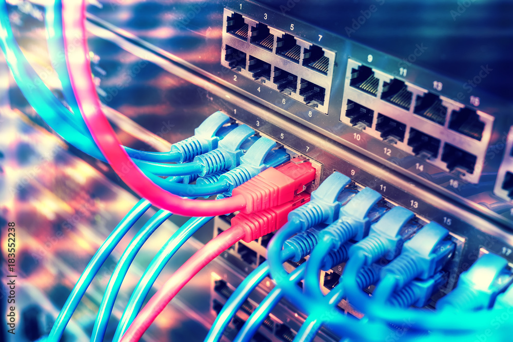 Network cables in switch and firewall in cloud computing data center ...