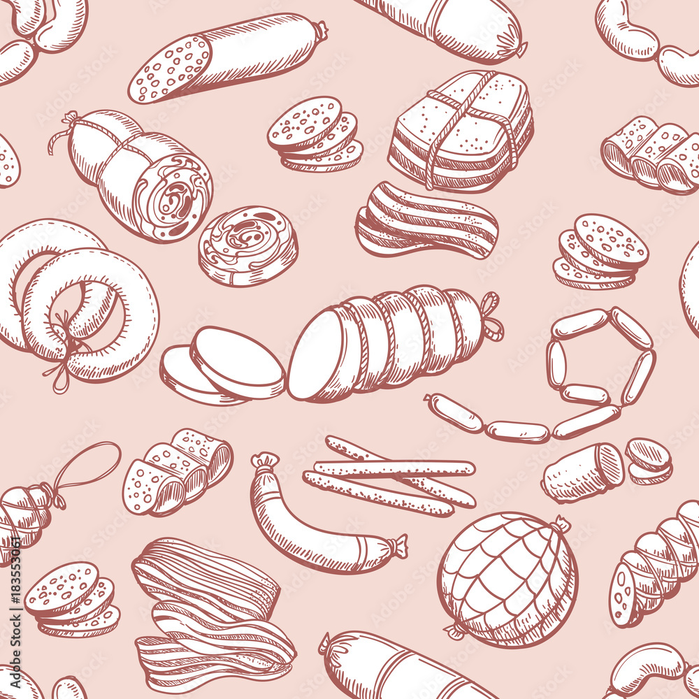 Sausages pattern. Vintage sketch sausage and meatloaf, sliced pork and ...