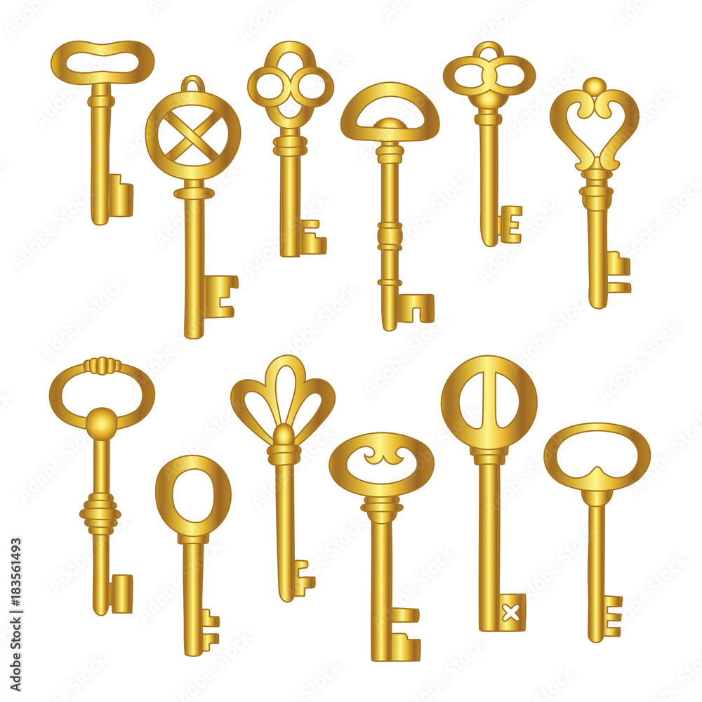 Keys icons set, isolated. Gold keys signs and symbols collection ...