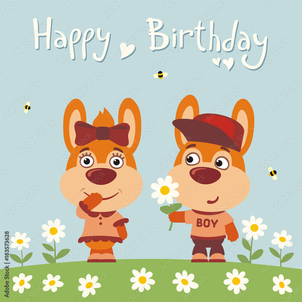 Happy birthday! Greeting card: funny bunny rabbit boy gives flower to ...