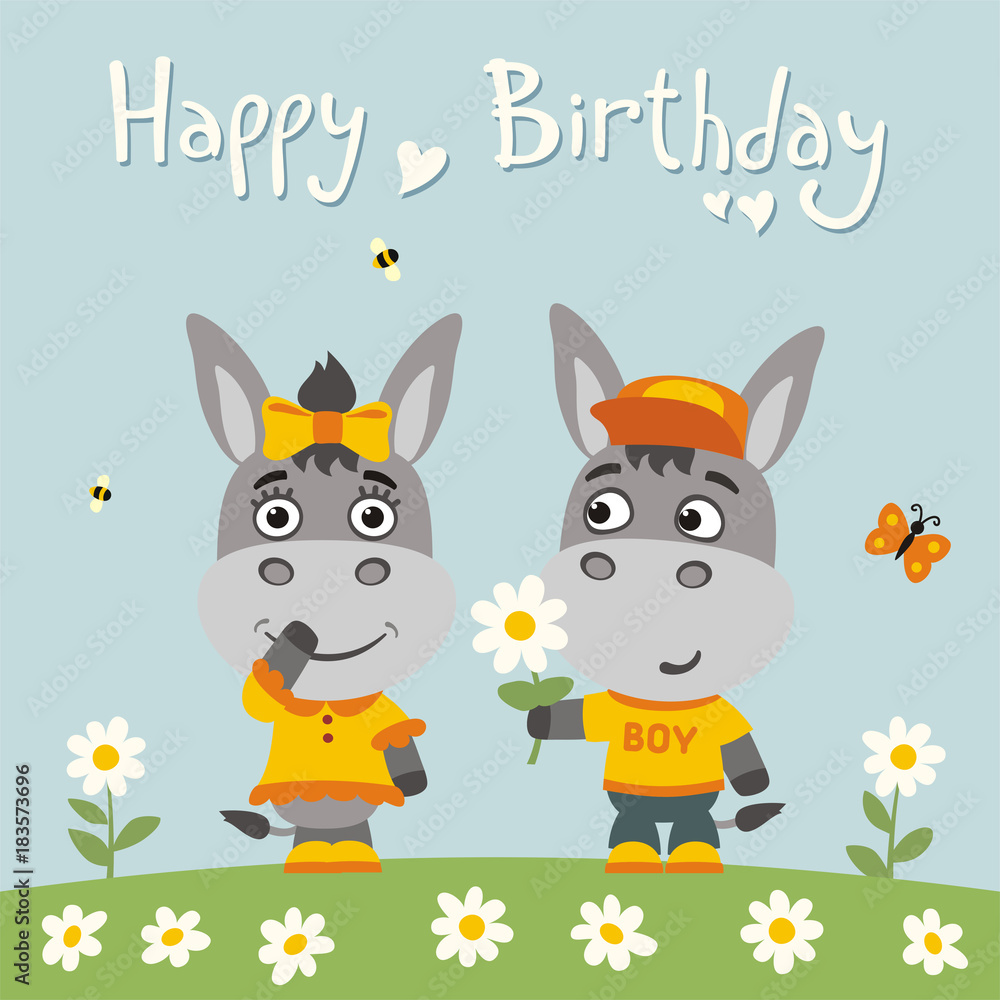 Happy birthday! Greeting card: funny donkey boy gives flower to donkey ...