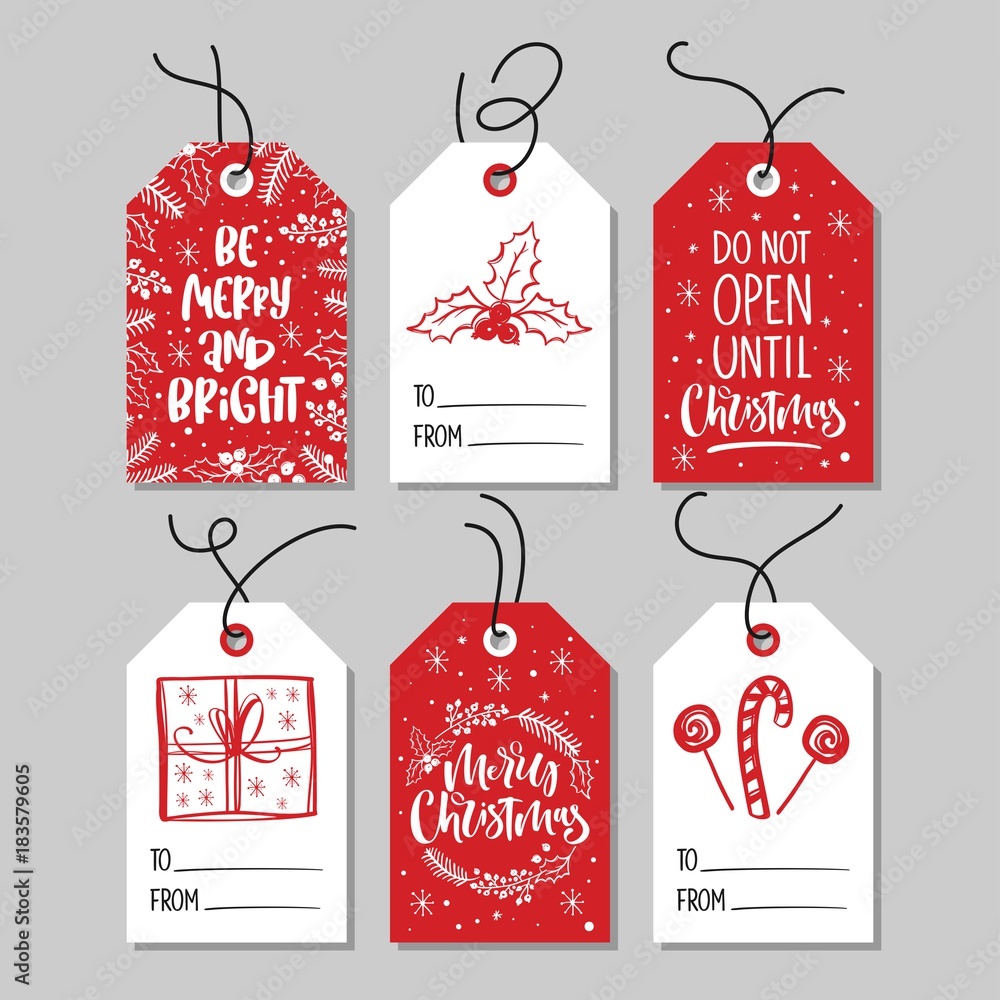 Christmas tags with lettering and hand drawn design elements. Stock ...