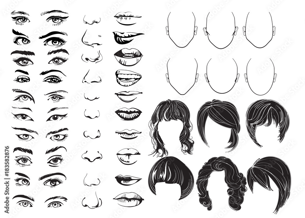 Face constructor, eyes, lips, noses and hair, vector woman face parts ...