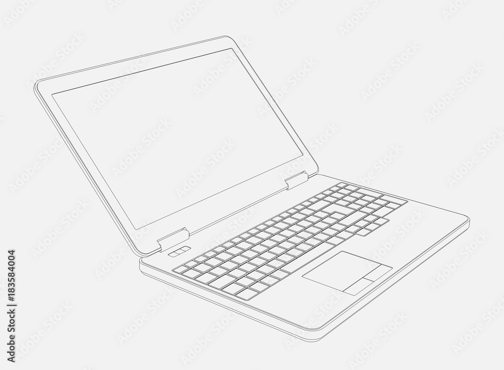 Line CAD Drawing of Laptop Computer from left with perpective. Stock ...
