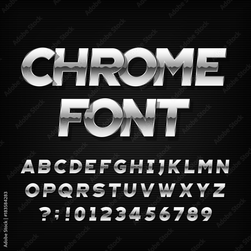 Chrome alphabet font. Metallic effect oblique letters and numbers on a ...