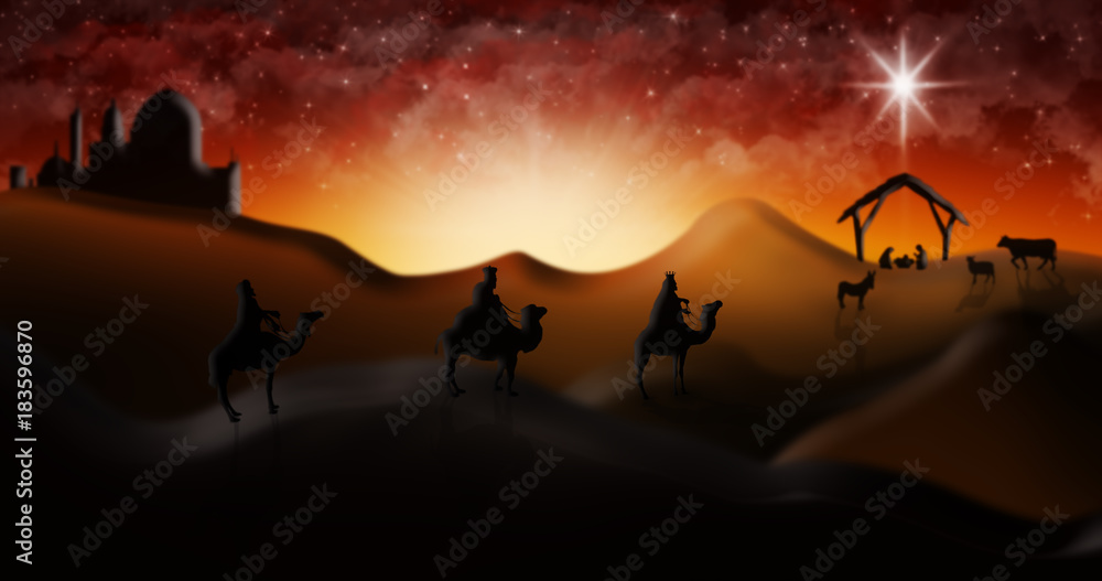 Christmas Nativity Scene Of Three Wise Men Magi Going To Meet Baby ...