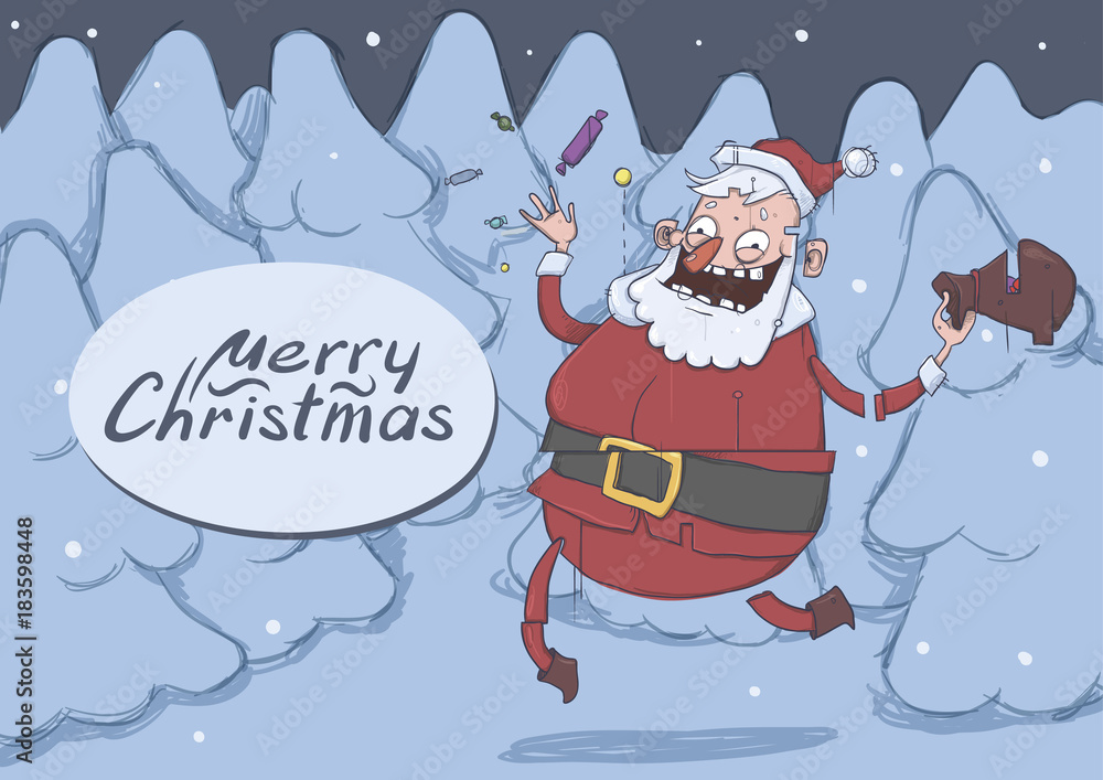 Christmas card of funny smiling Santa Claus. Santa brings gifts and ...