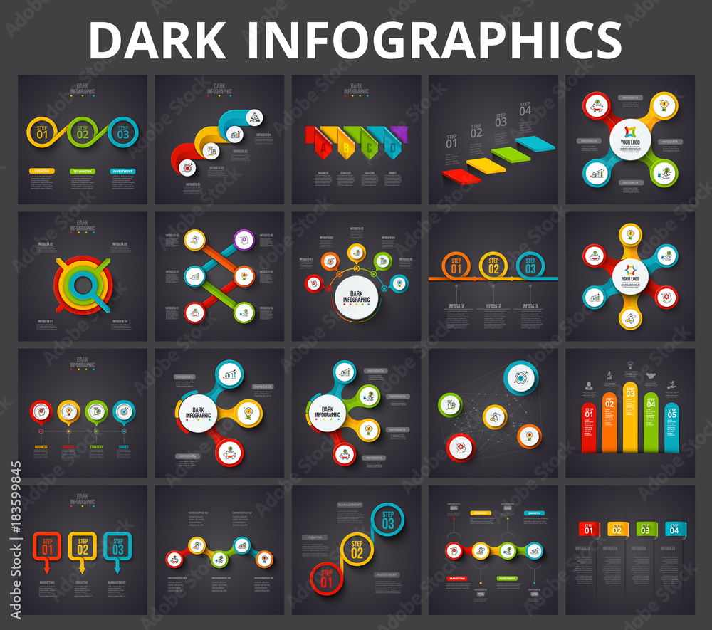 Vector infographic elements on dark background. Charts, circle diagram ...
