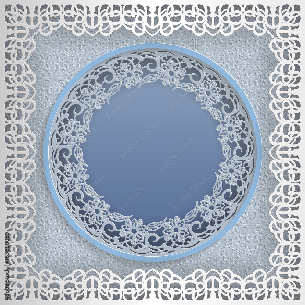 Round white frame in an square frame with lace edges and a abstract ...