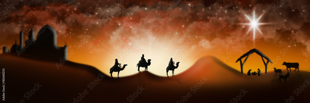 Christmas Nativity Scene Of Three Wise Men Magi Going To Meet Baby ...