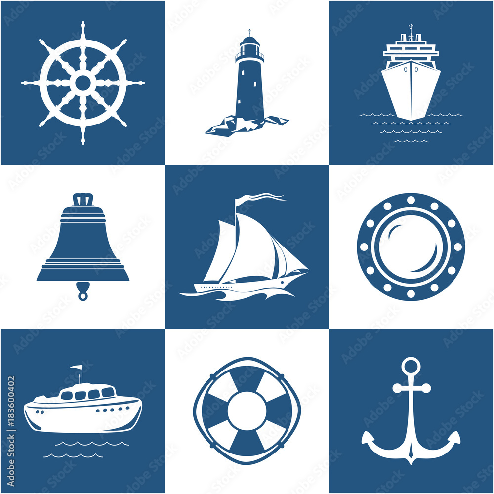 Set of Marine Icons , Sailing Vessel , Anchor, Ship Wheel with Lifebuoy ...