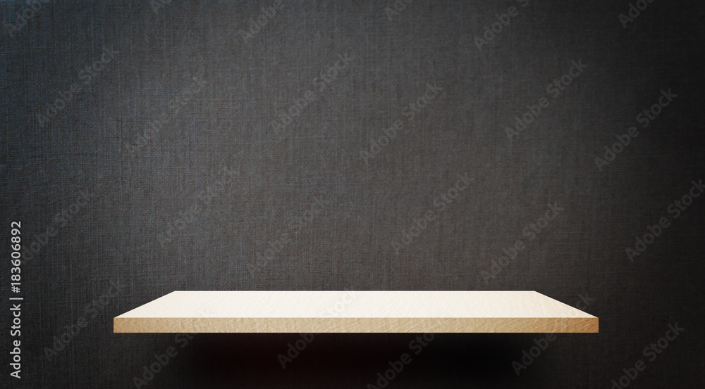 Empty wooden shelf on black paper texture background Stock Photo ...