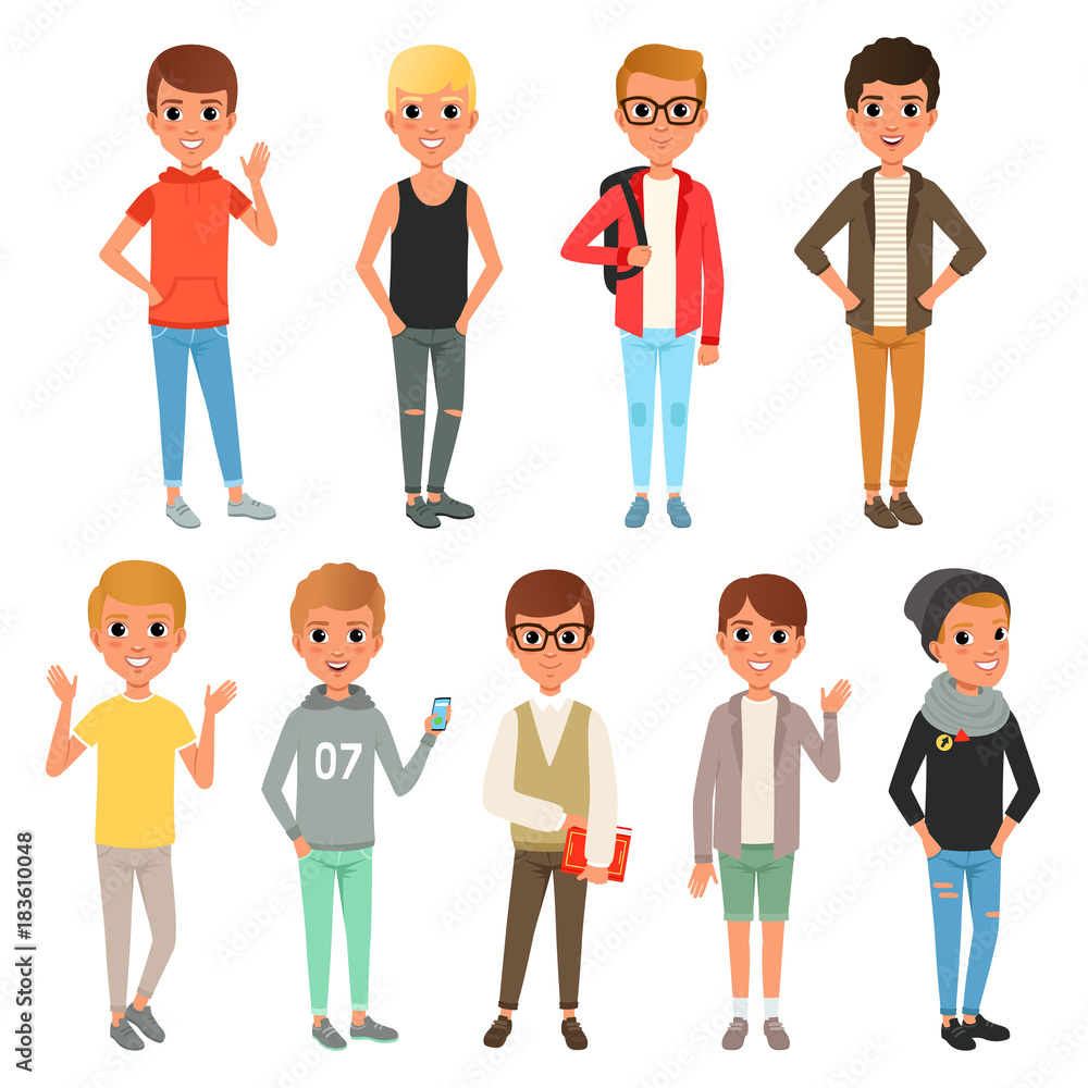 Set of cute boys characters dressed in stylish casual clothing. Kids ...