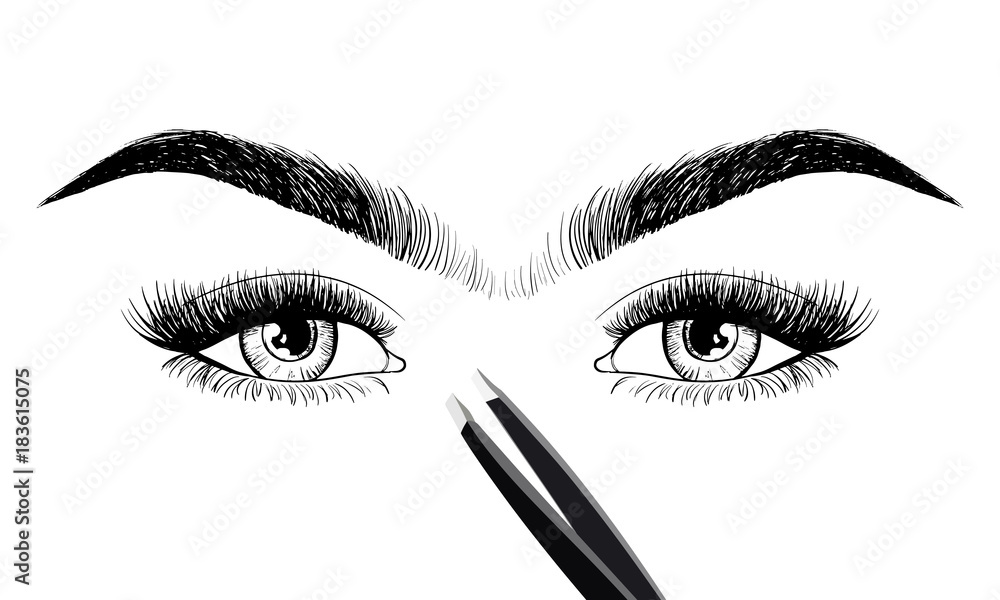 Unibrow shaping eyebrows and beauty eyes with tweezers. Waxing hair on ...