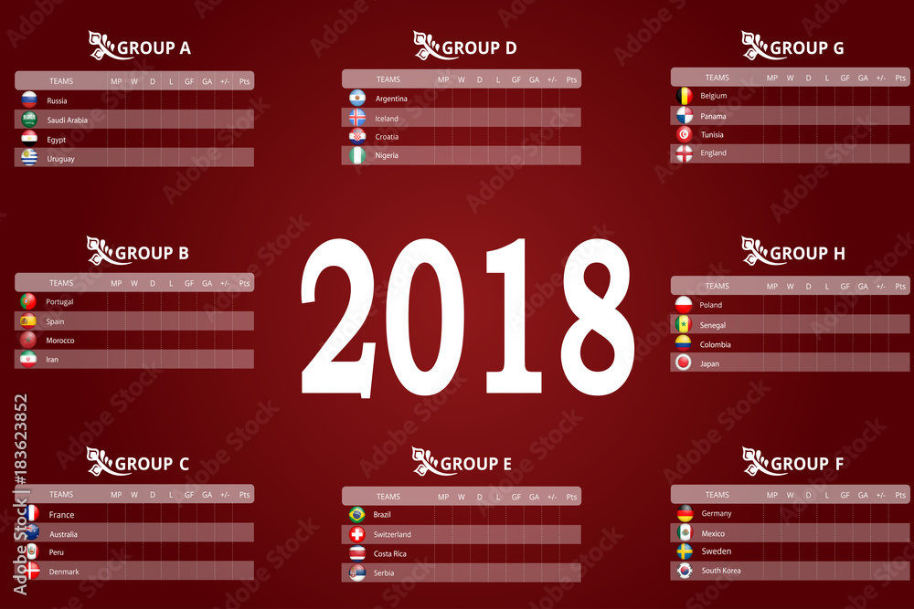 Russia 2018 championship. Vector flags and groups. World football ...