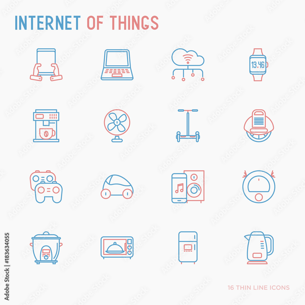 Internet of things thin line icons set: laptop, smart watch, cloud ...