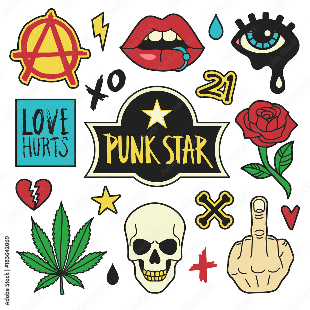 Punk patches fashion collection. Vector illustration of color punk ...