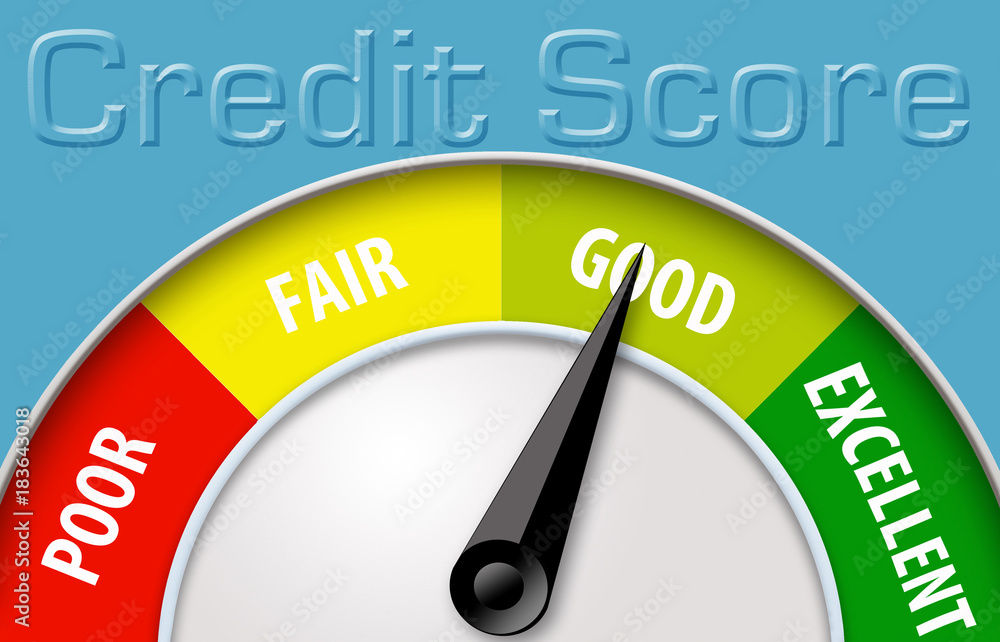 A credit score meter with a dial that goes from red to yellow to green ...