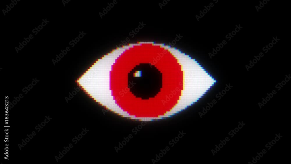 red pixel eye symbol on glitch lcd led screen display background ...