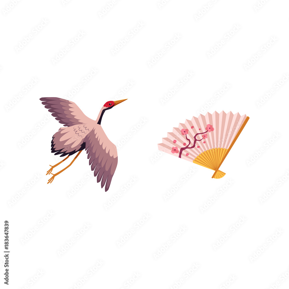 vector flat Japan traditional flying bird - crane flapping wings and ...