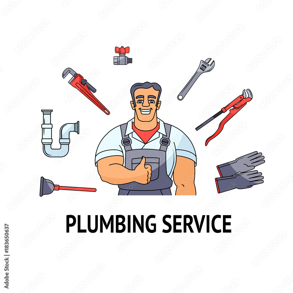 Plumbing service banner, poster design - half length portrait of happy ...