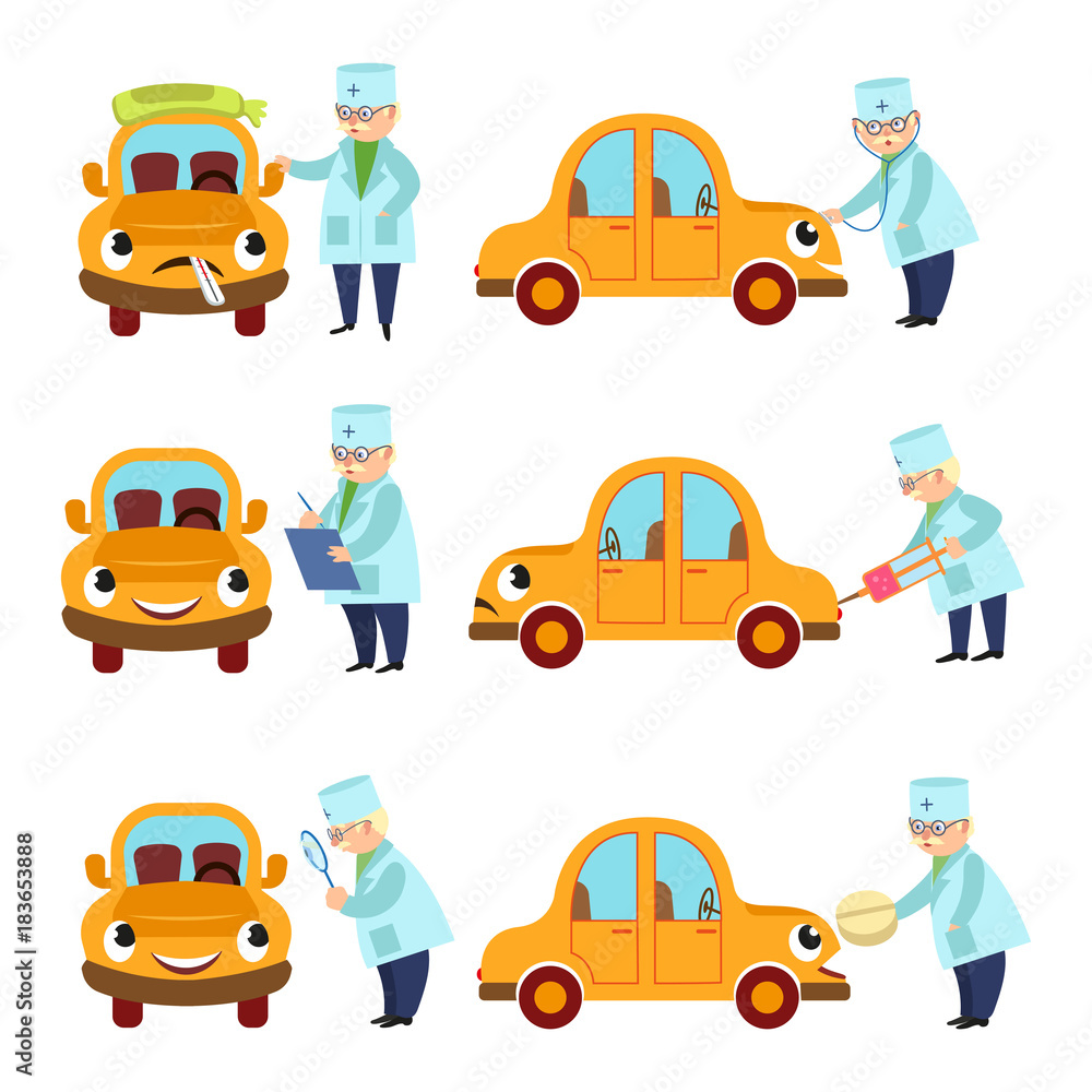 Funny old doctor helping, curing comic car character, cartoon vector ...