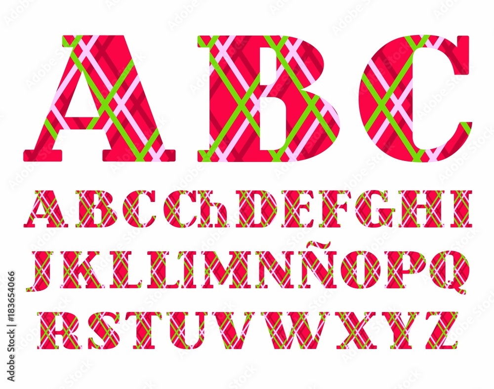 Spanish font, color lines on red background, vector. Uppercase letters ...