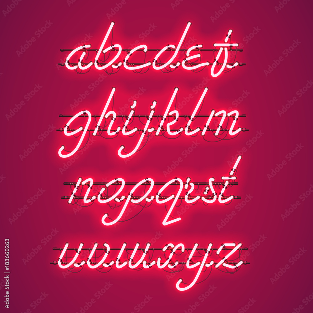 Vetor de Glowing Red Neon Script Font with lowercase letters from A to ...