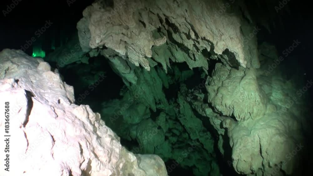 Rocks in a cave of Yucatan cenotes underwater caves in Mexico. Natural ...