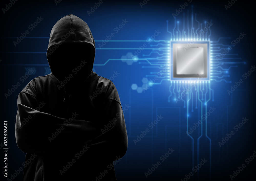 Hooded computer hacker stealing information Stock Photo | Adobe Stock