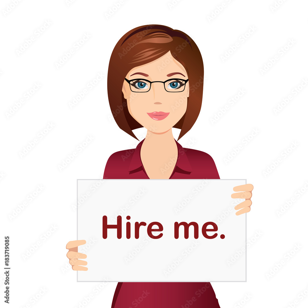 Attractive woman holding a poster with the inscription Hire me. / Staff ...
