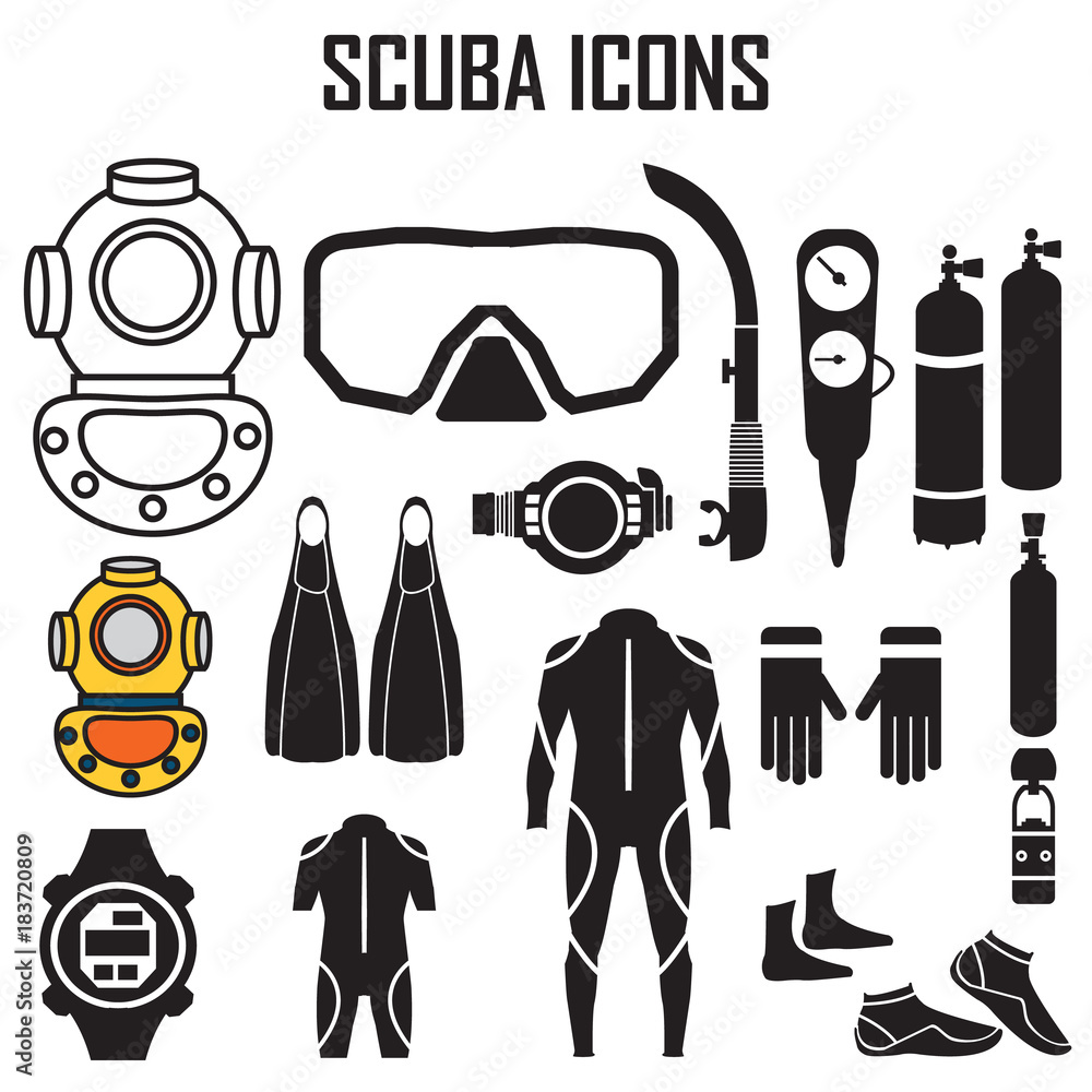 scuba diving icons set vector, symbol mono simple pictogram Stock ...