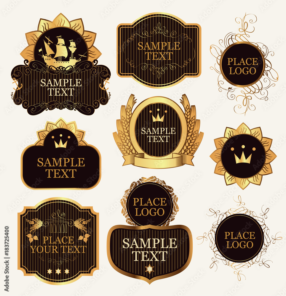 Set of vector ornate label templates in the Baroque style in black and ...