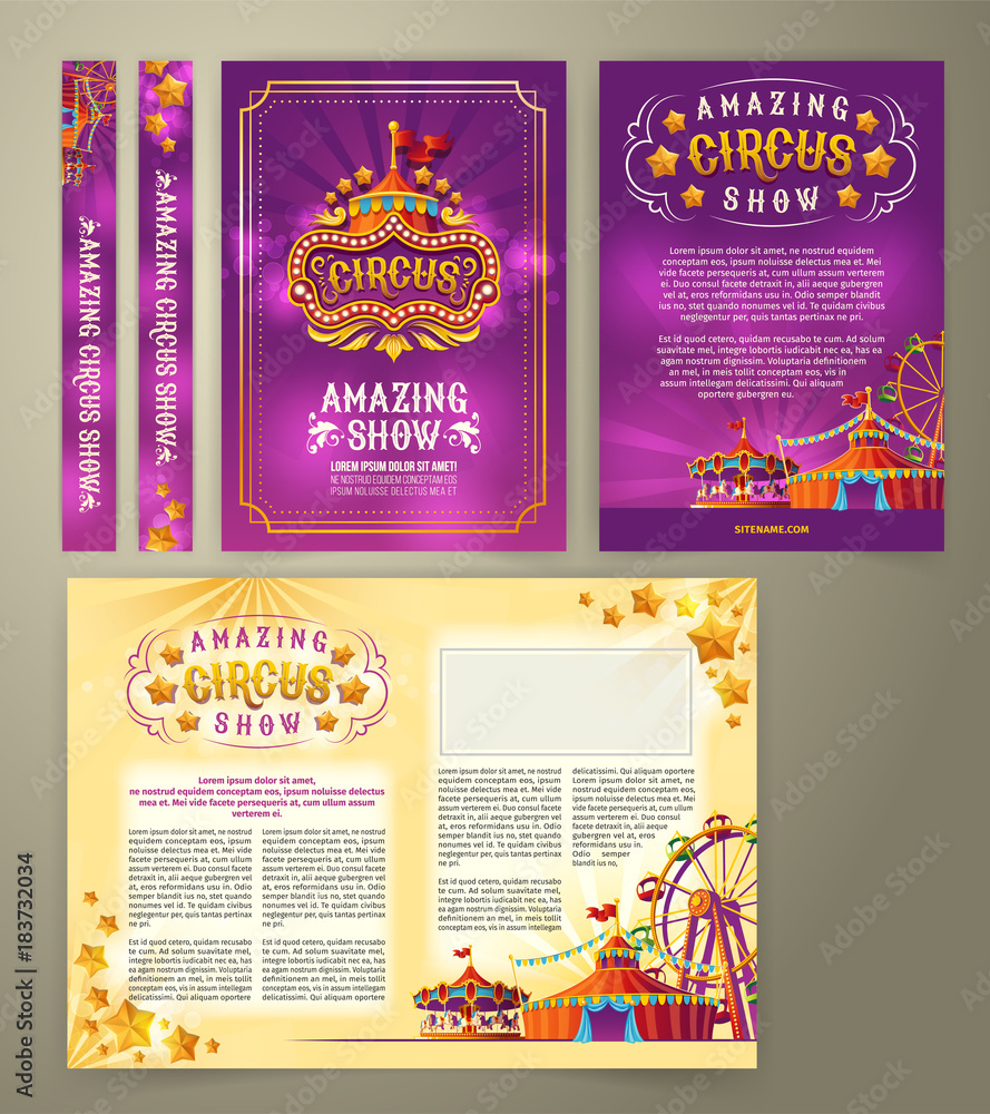 Vector circus flyer, cartoon banner, purple background with vintage ...