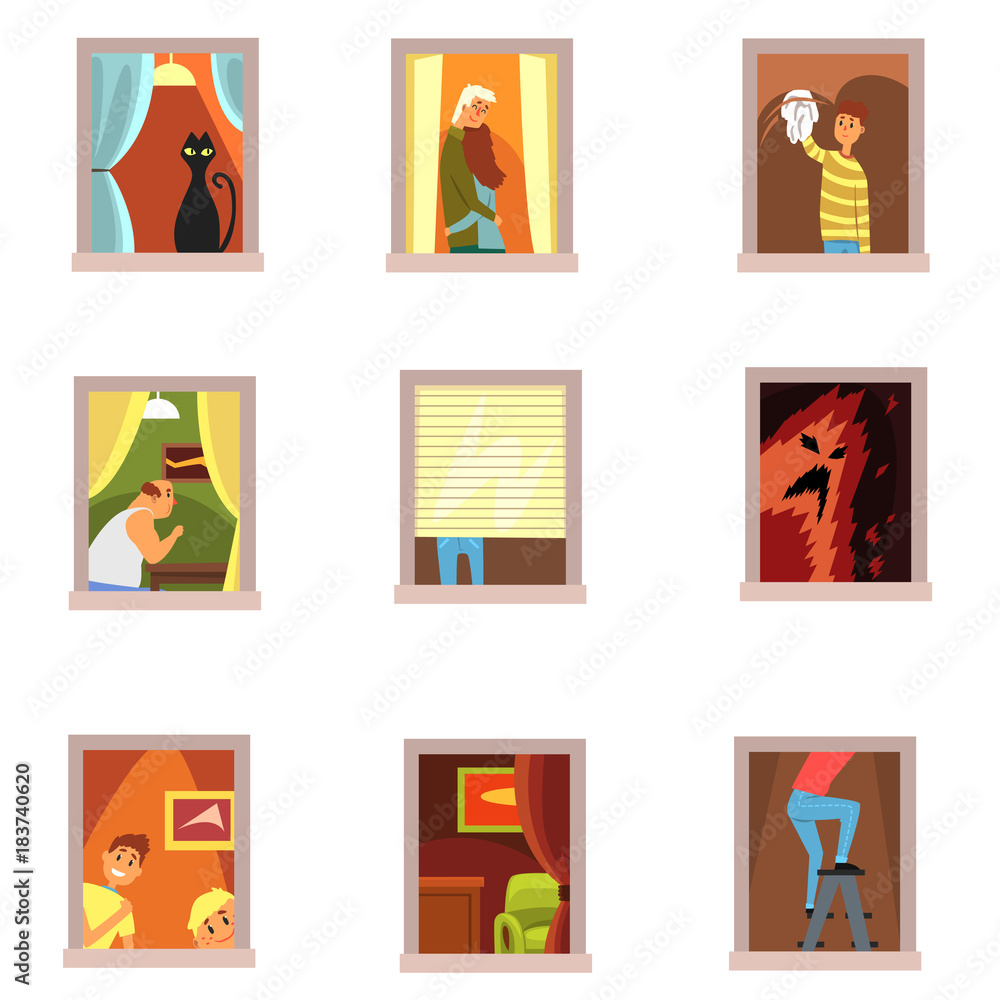 Neighbors people in windows set, different situations in city building ...