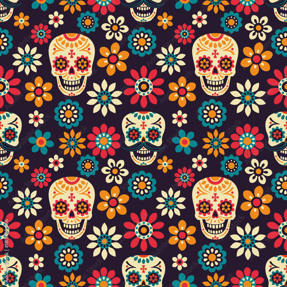 Day of the Dead. Seamless vector pattern with sugar skulls and flowers ...