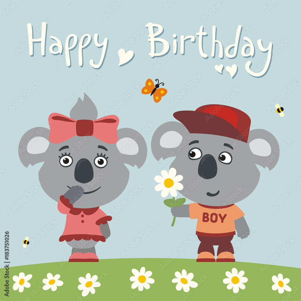 Happy birthday! Greeting card: funny koala boy gives flower to koala ...