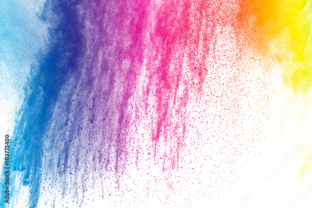abstract multicolored powder splatter on white background,Freeze motion ...