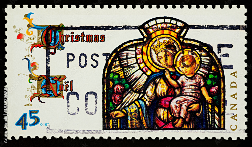 Stained glass window Our Lady of the Rosary on postage stamp Stock ...