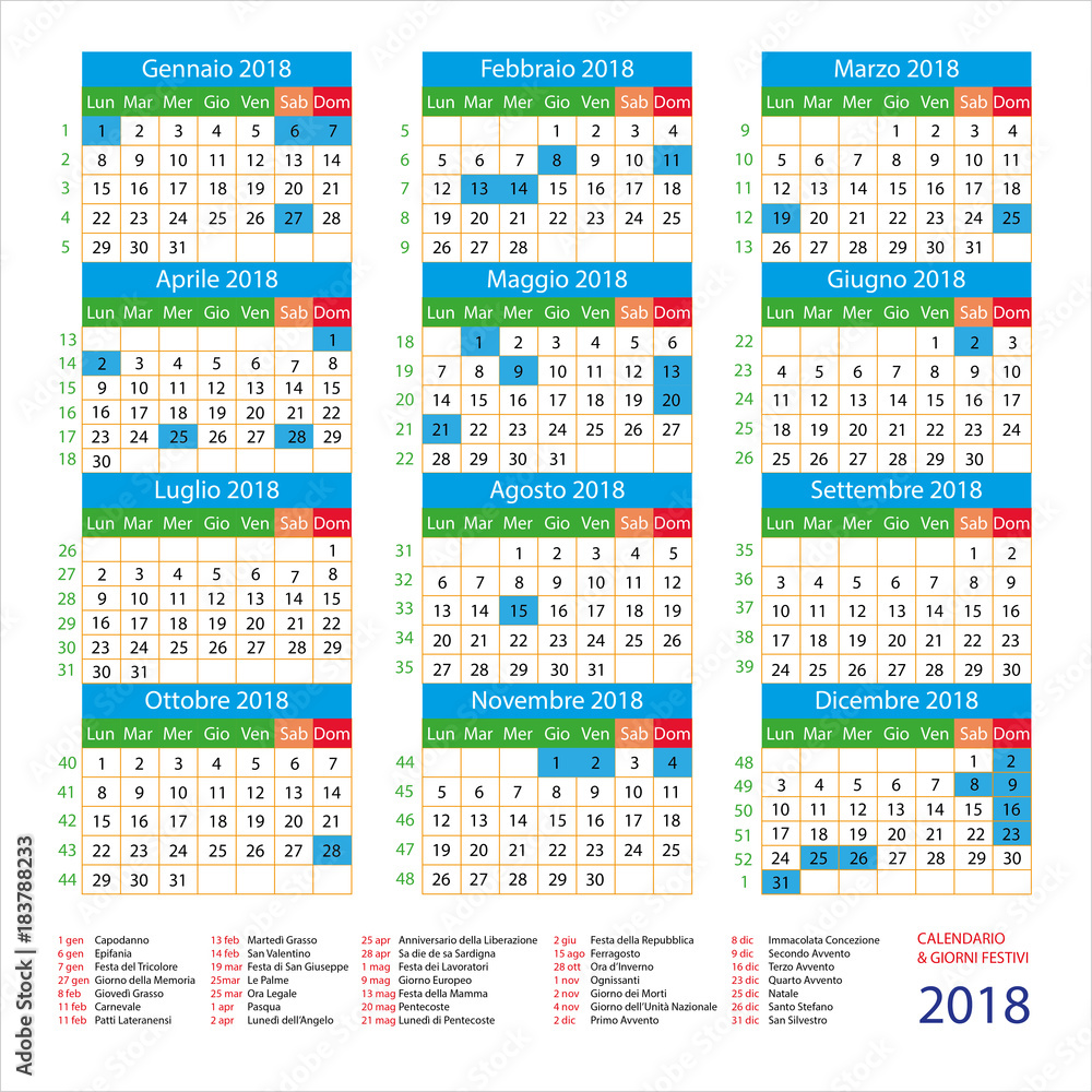 calendario italiano con giorni festivi per il 2018 Stock Vector | Adobe ...